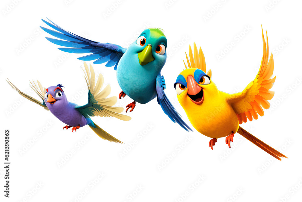 Adorable 3D cartoonish birds flying on isolated transparent background ...