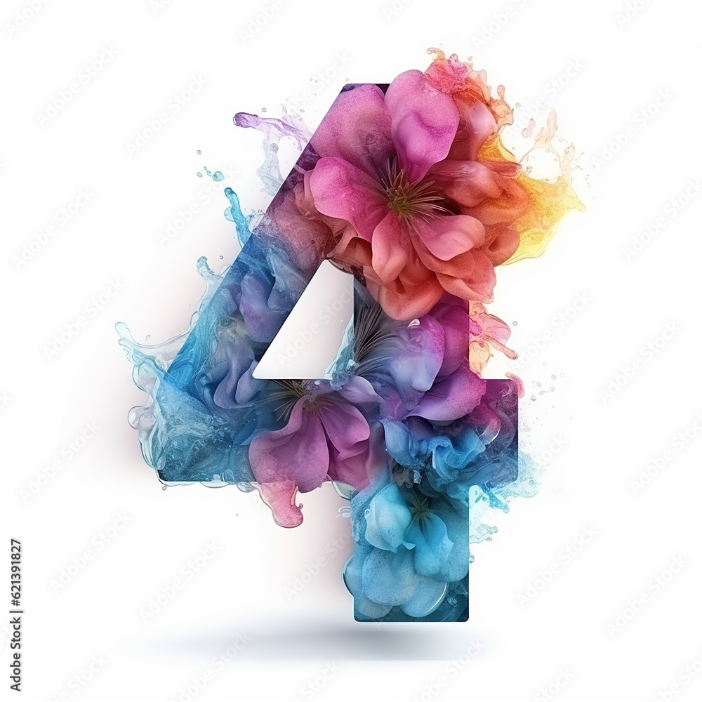 watercolor cute number 4 with spring flowers Stock Illustration | Adobe ...
