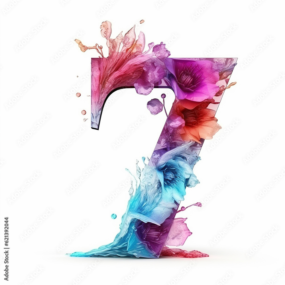 number 7 with watercolor floral for wedding invitations, greeting card ...