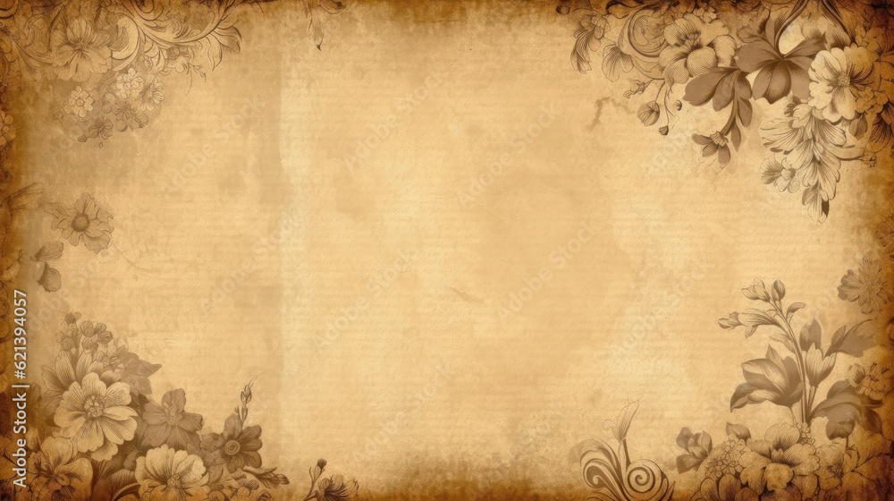 Vintage paper texture background with floral border and scroll banner ...