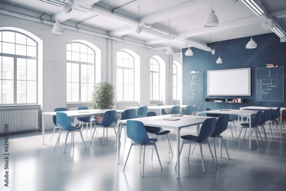 A Modern School Classroom: Blue Chairs and White Desks for an Optimized ...