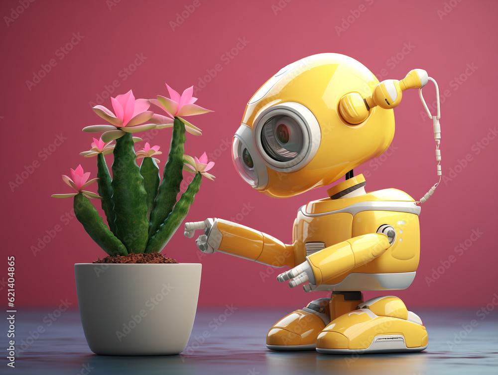 Cute futuristic mechanical robot, funny yellow watering robot with ...