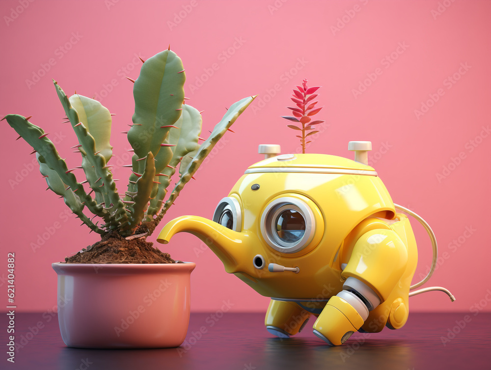 Cute futuristic mechanical robot, funny yellow watering robot with ...