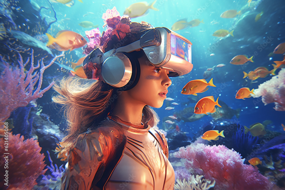 Young girl wearing AR glasses in bright colourful cyberspace, digital ...