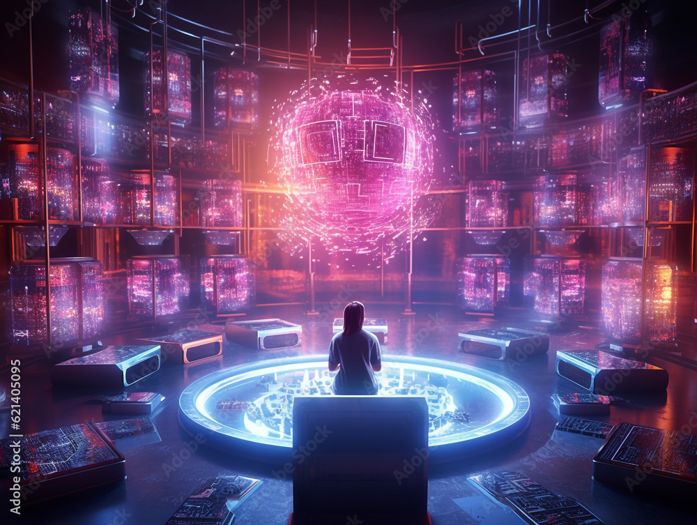 Quantum physicist in futuristic data center, studying the core of a ...