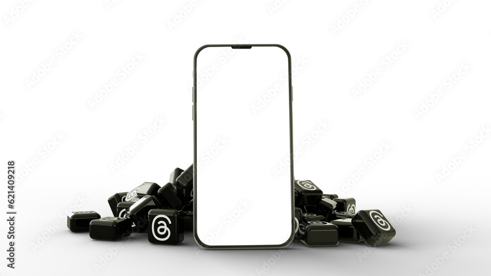 3D rendering of mobile phone with blank screen with Threads logos ...