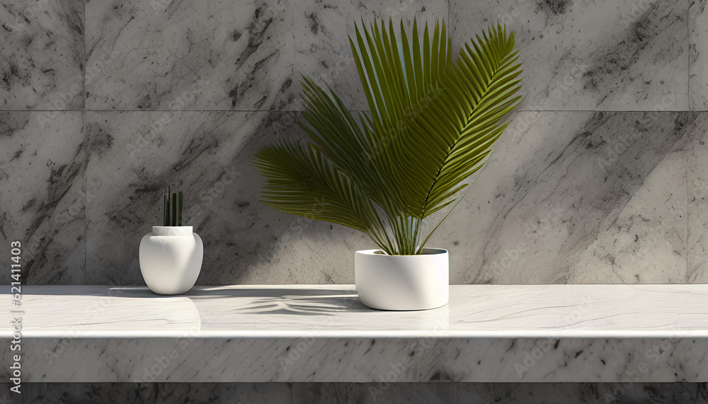 Modern minimal empty white marble stone counter table top, palm tree in ...