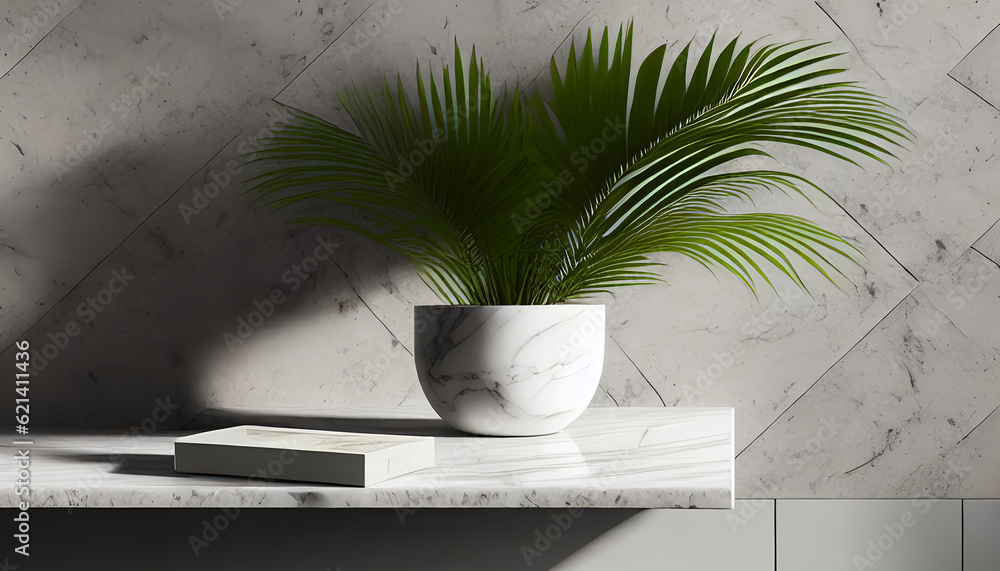 Modern minimal empty white marble stone counter table top, palm tree in ...