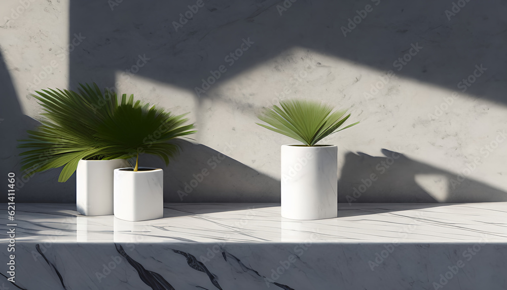 Modern minimal empty white marble stone counter table top, palm tree in ...