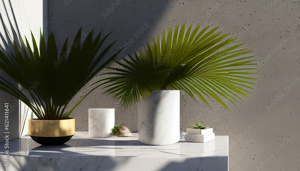 Modern minimal empty white marble stone counter table top, palm tree in ...