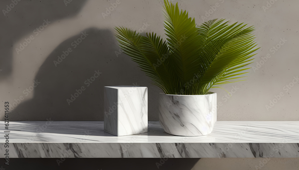 Modern minimal empty white marble stone counter table top, palm tree in ...