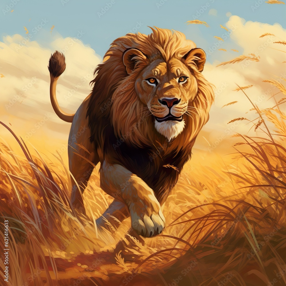Illustrate a lion adeptly maneuvering through tall Stock Illustration ...