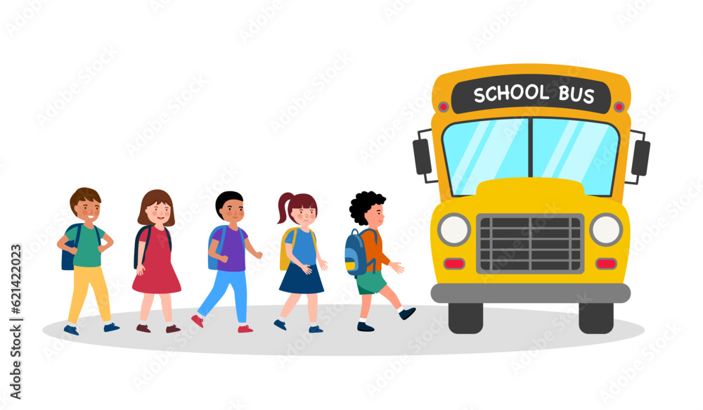 School bus kids concept. Child students enter school bus in flat design ...