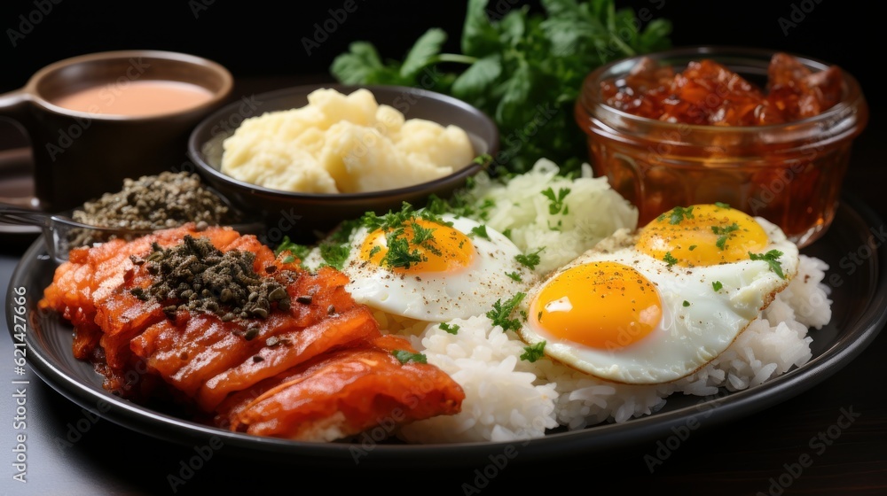 Plates of food white rice 🍚 topped with butter 🧈, canned corm 🌽, hash ...