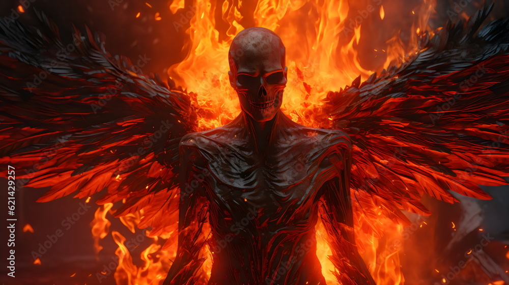 skeleton winged horror demon with flames, fantasy creature made with ...