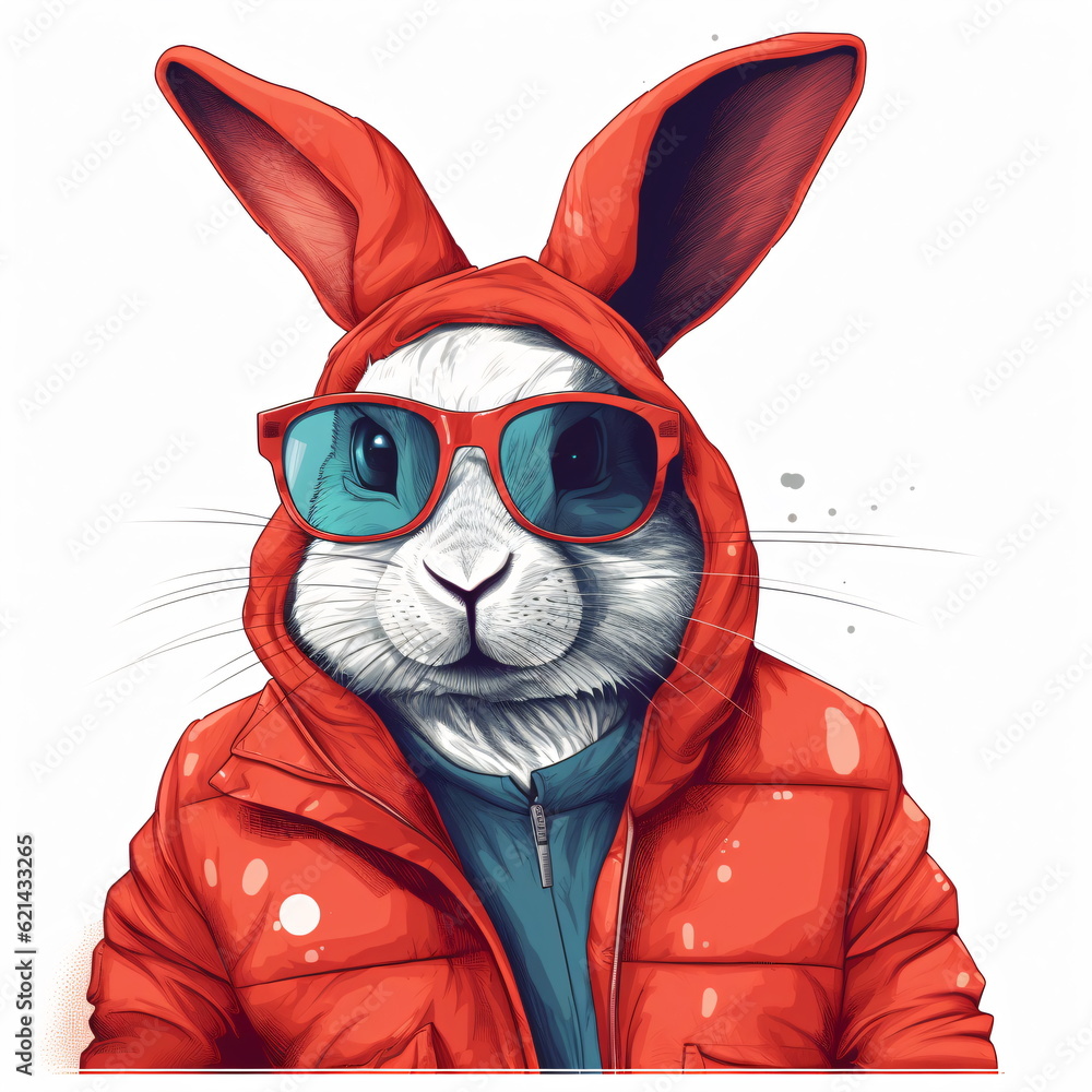 Cool white rabbit with Sunglasses and red puffer jacket, retro 70's ...