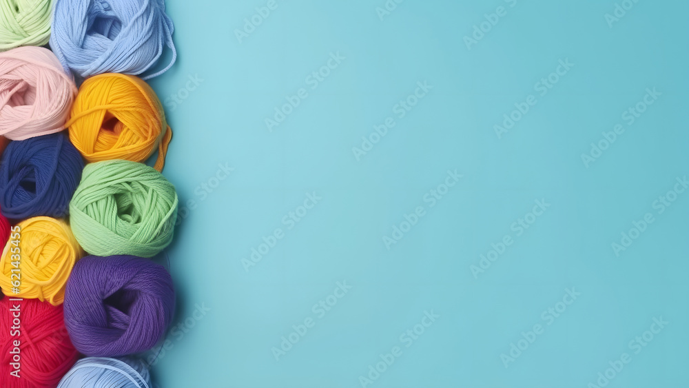 Knitting background with rainbow colorful yarn over blue background ...