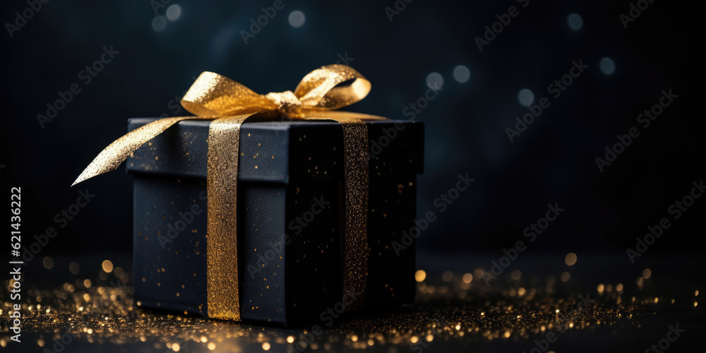 Blue gift box with golden ribbon bow. Elegant dark blue present box ...