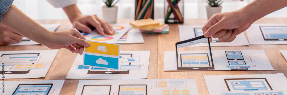 Panorama shot of front-end developer team brainstorming UI and UX ...