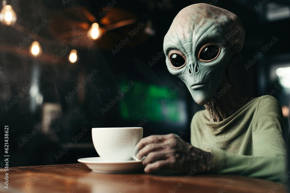 An Alien Sitting in a Cafe Enjoying a Cup of Coffee. Quirky, weird ...