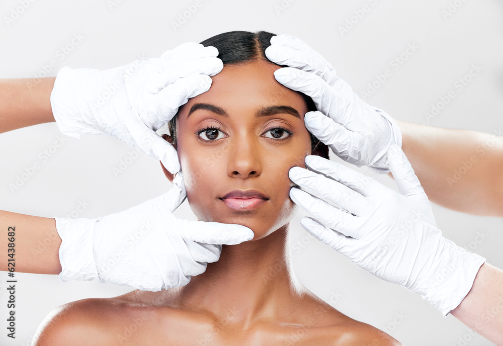 Woman, plastic surgery and hands in studio portrait with beauty ...