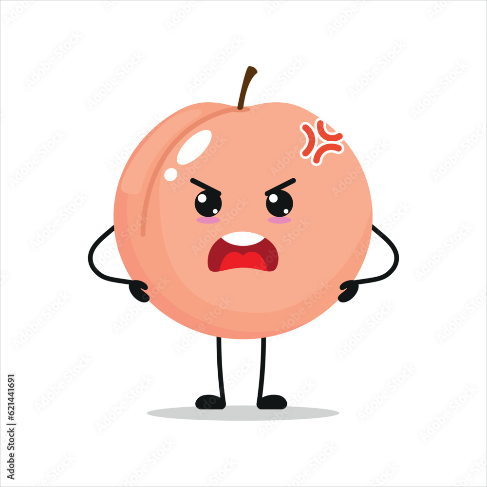 Cute angry peach character. Funny mad peach cartoon emoticon in flat ...