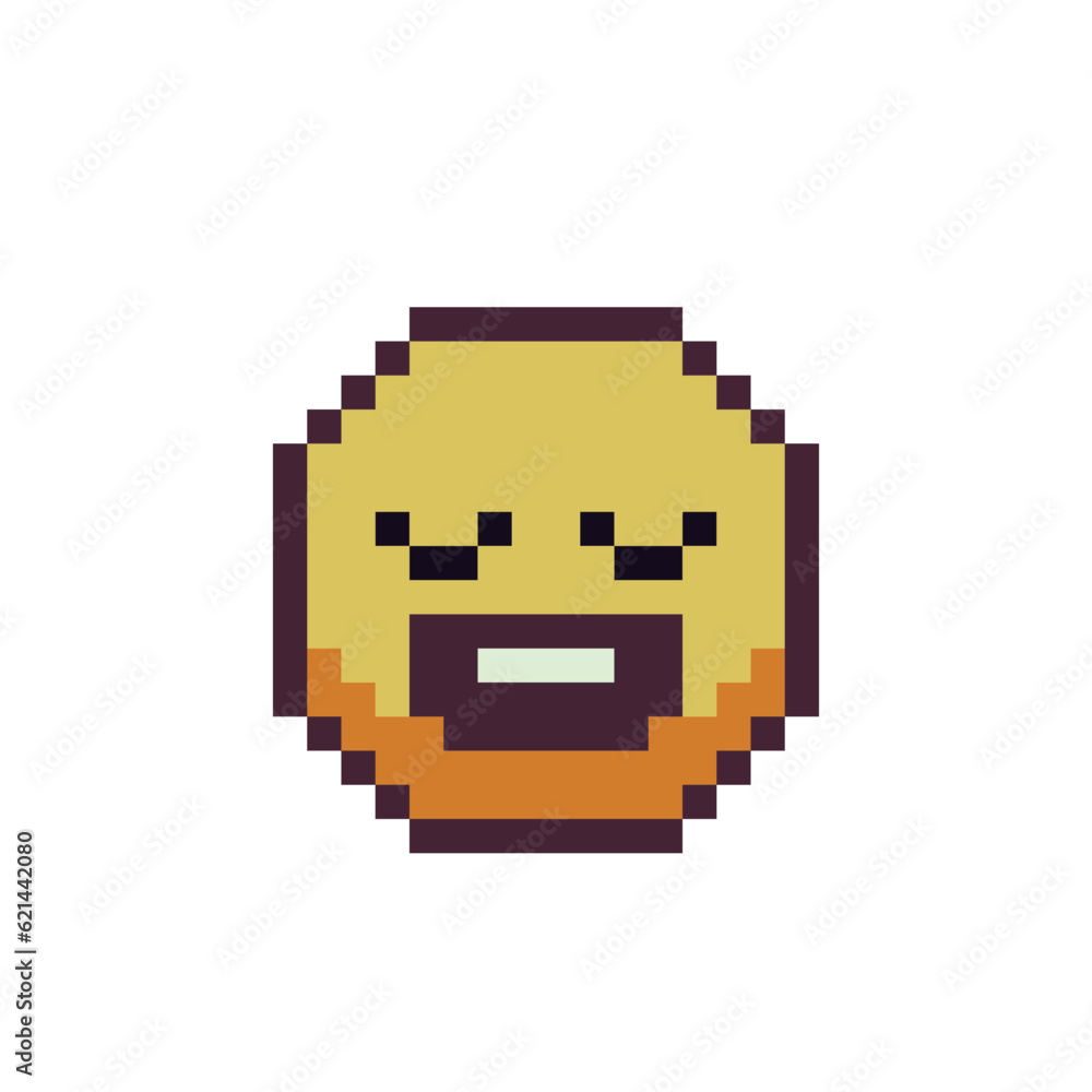 Smile with closed eyes icon. Cartoon character with white hair. Pixel ...