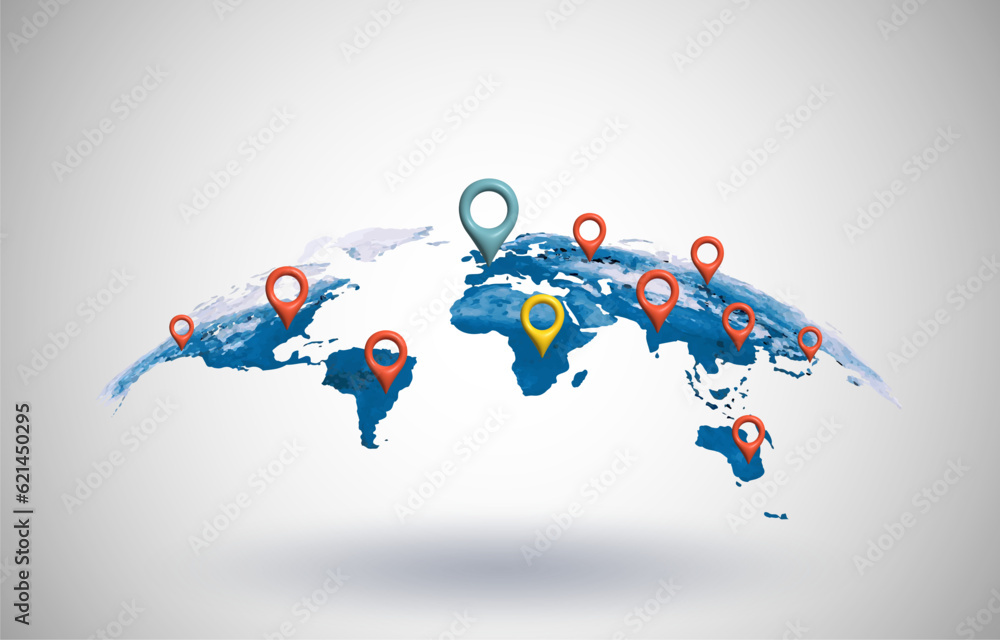 World map Pin point. Global continent 3d, asia, america, australia ...