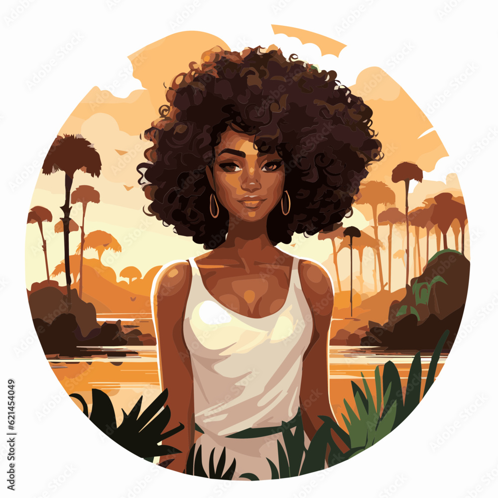 simple cartoon clipart black african american woman in nature white ...