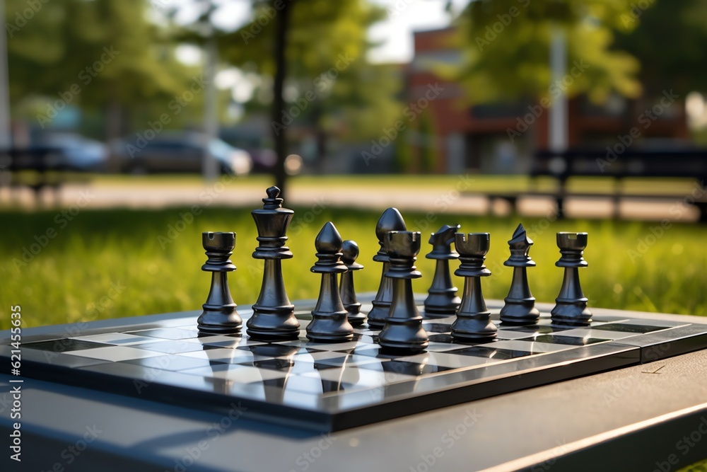 A chess set on a park table with an empty park wallpaper Stock Photo ...