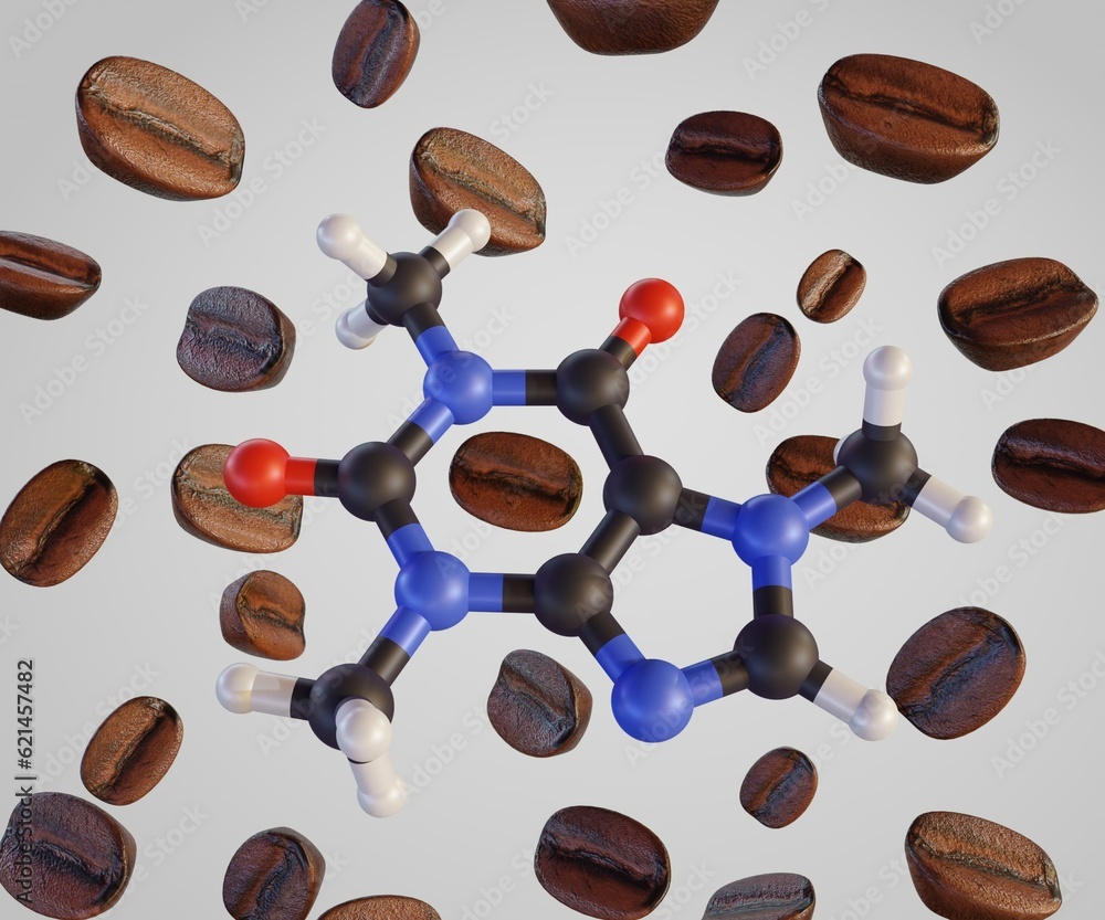Caffeine Molecular Structure and roasted coffee Beans 3d rendering ...