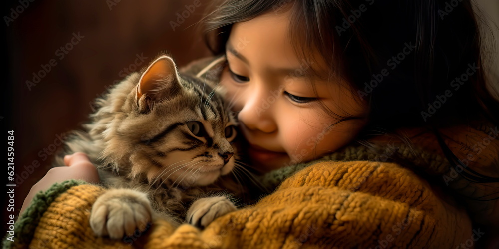 child and their beloved cat, as they share a tender hug and express ...