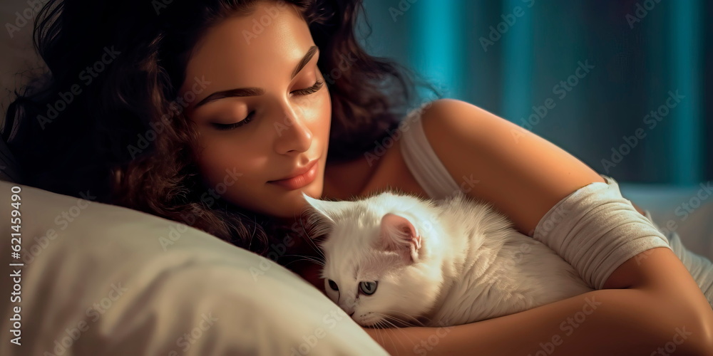 cat and their human companion, as they cuddle together and share a ...