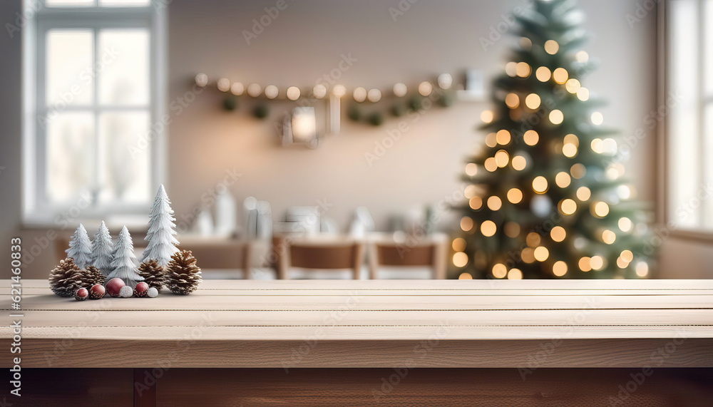Wood dining table with copy space and christmas tree in the background ...