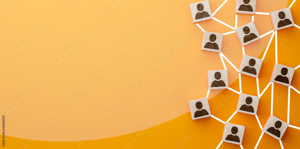 Wooden cube block print screen person icon which link connection ...