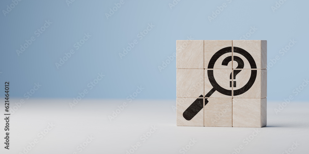 Question mark symbol on wooden cubes on blue background. question mark ...