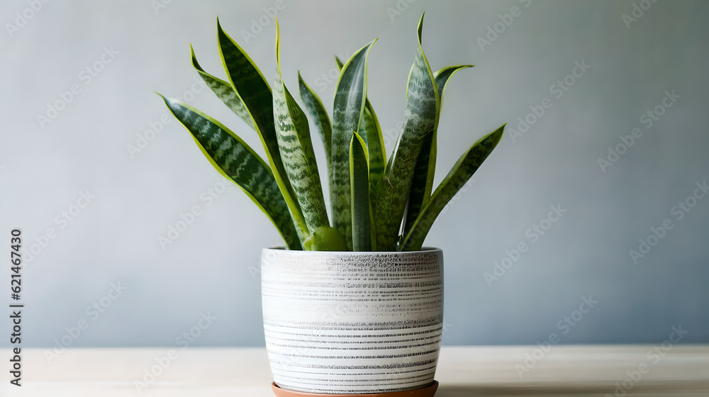 Sansevieria or snake plants in a gray ceramic flowerpot in the room on ...