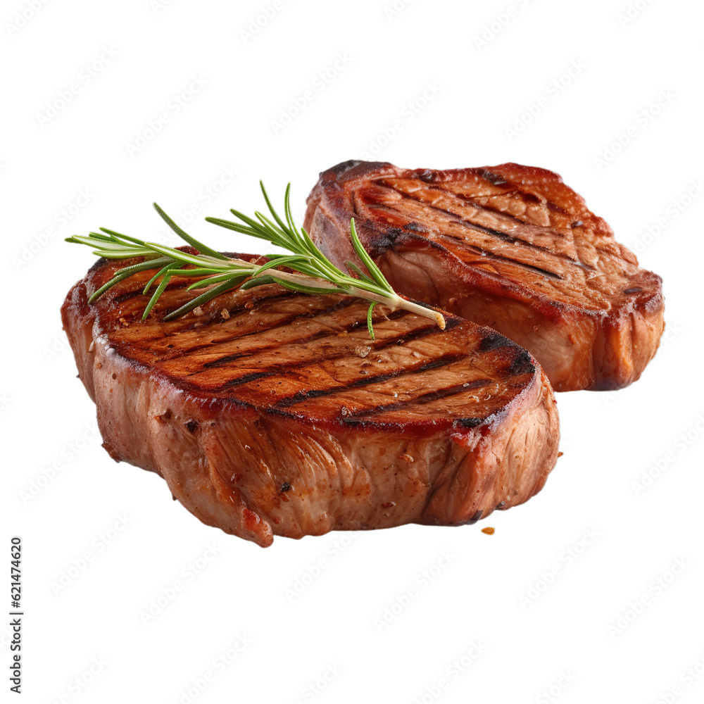 Grill Pork Chops steaks, realistic 3d brisket flying in the air, grilled meat collection, ultra ...