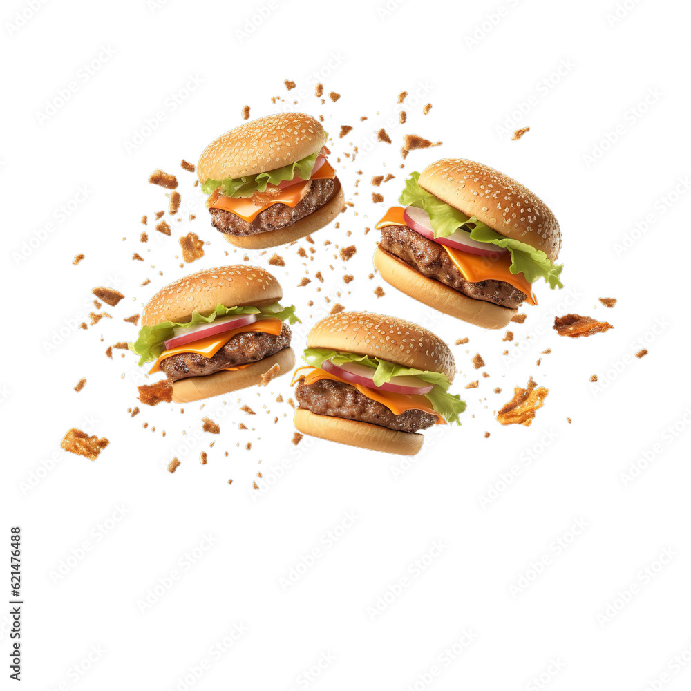 Grill burger, realistic 3d burgers falling in the air, grilled meat ...