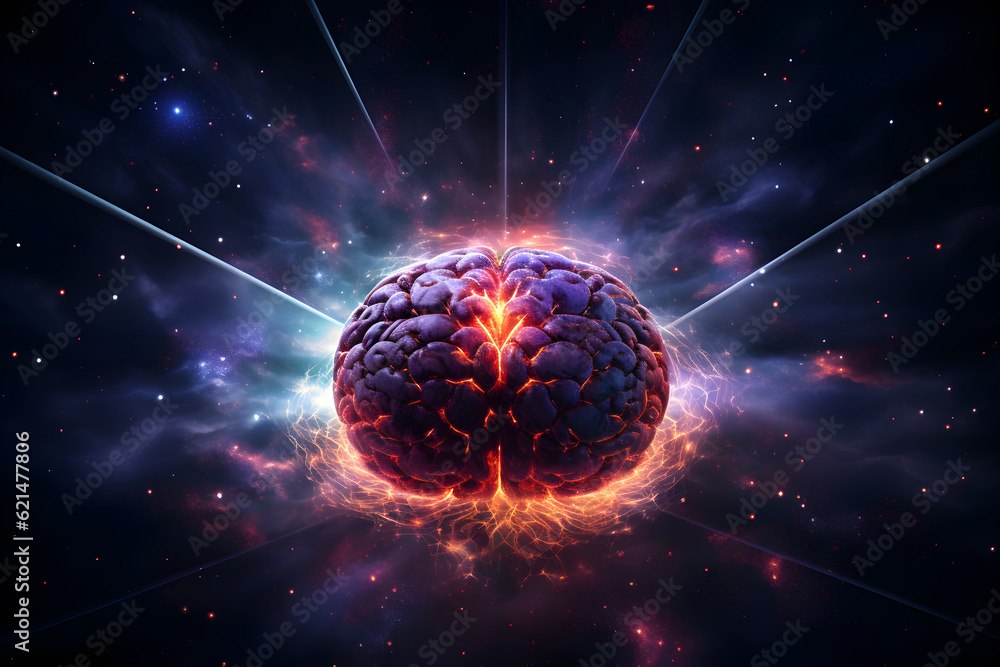 A human brain with a flame emitted, earth and space background with a ...
