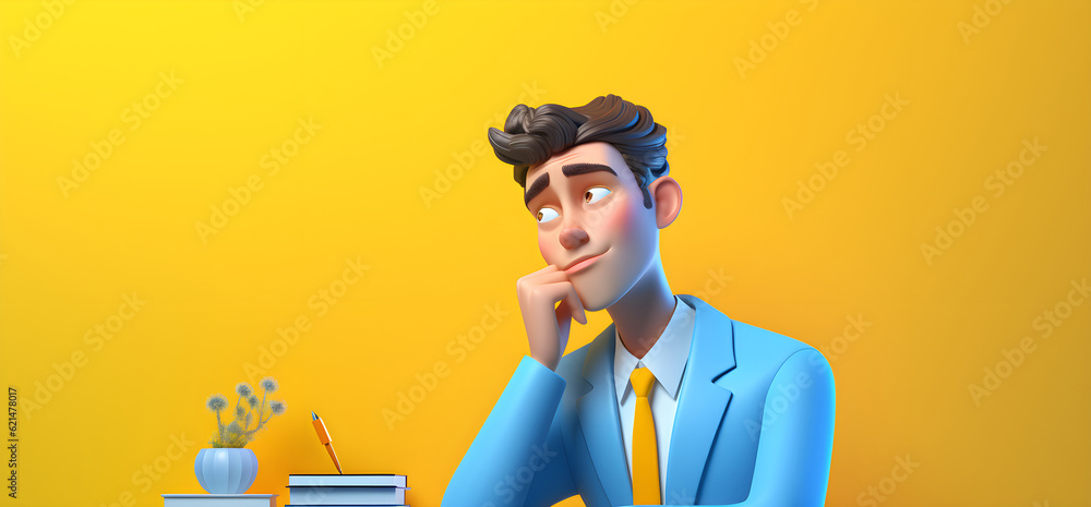 3d animation character is a man thinking, in the style of flat ...
