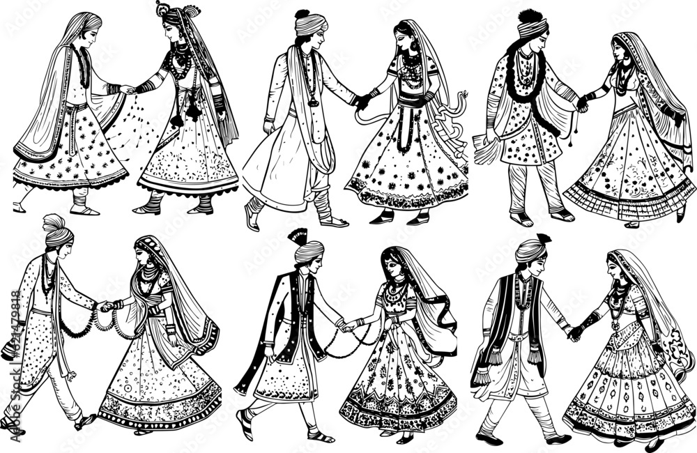Indian Groom and Bride Black and White coloring page Stock Vector ...