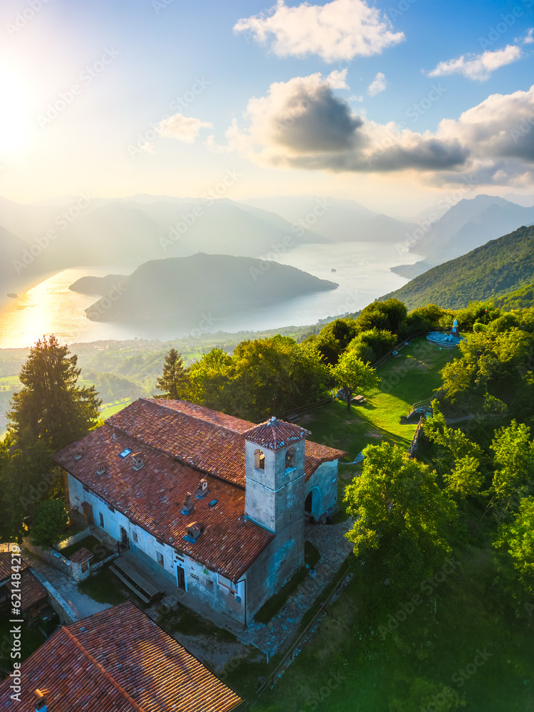 Vertical aerial view of lake Lago d'Iseo and Montisola from Santa Maria ...