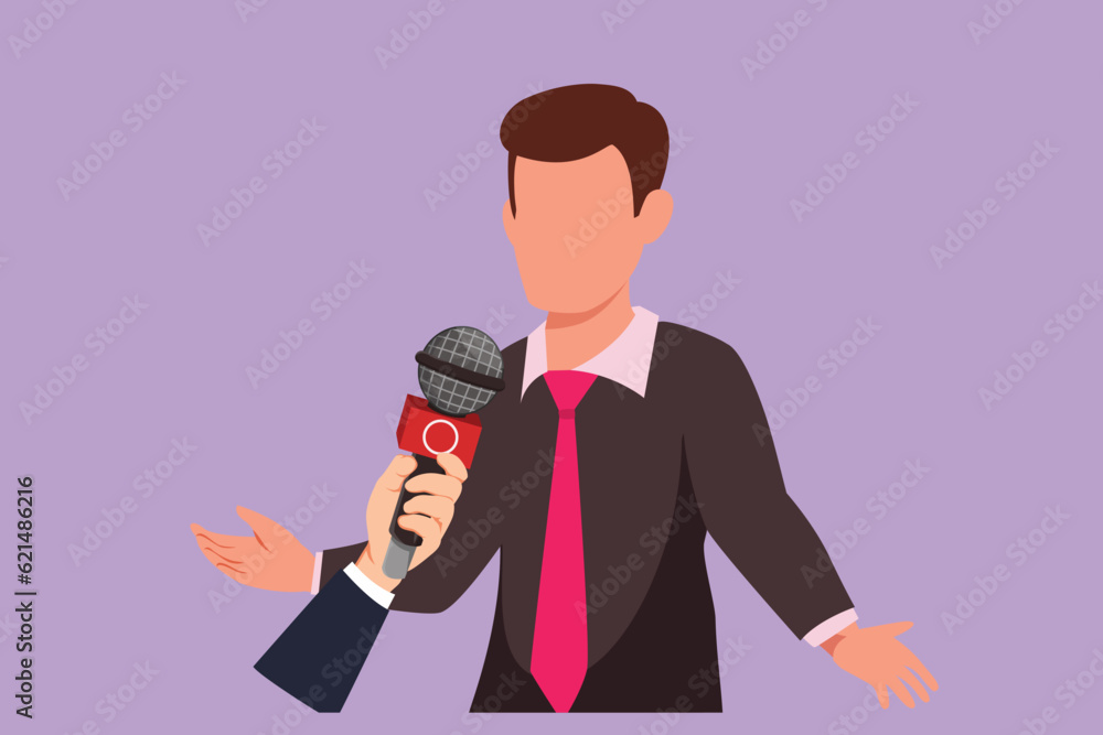 Cartoon flat style drawing young businessman giving an interview in the ...