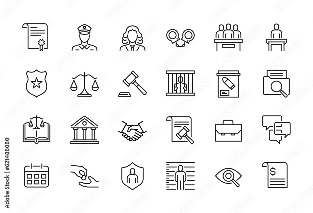 Law, Judgement, Lawsuit and Criminal investigation related icon set ...