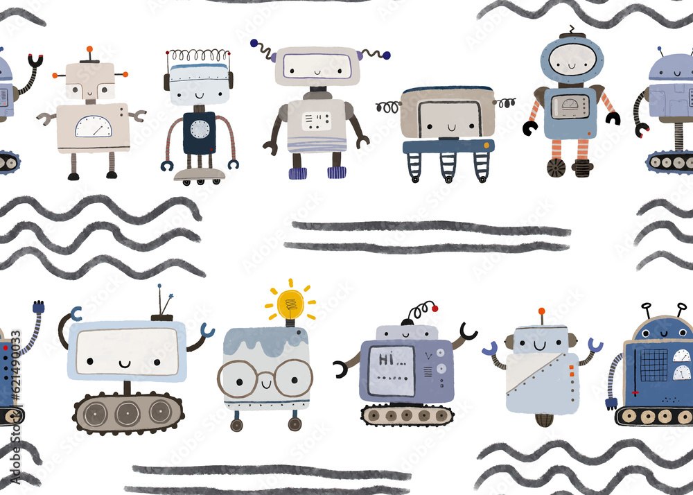 Colorful cartoon robots isolated background seamless pattern. Endless ...
