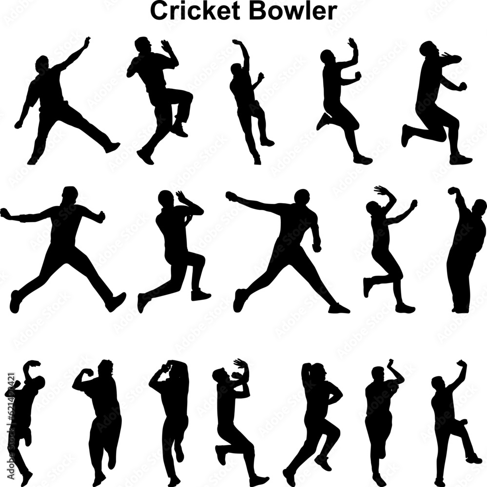Cricket Bowler silhouette different poses collection vector ...