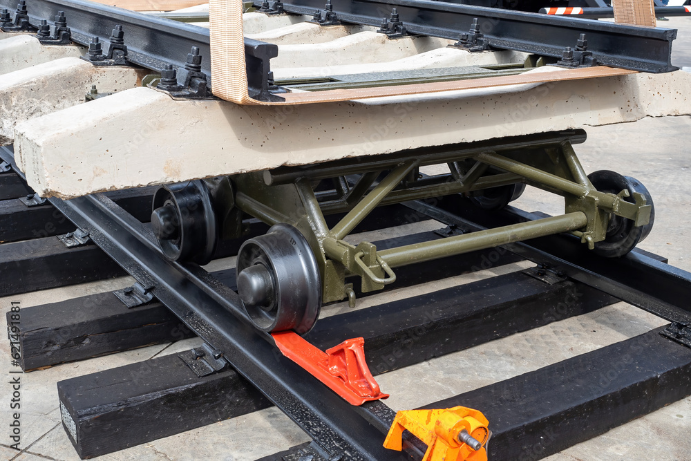 Railroad laying. Trolley for installation rails. Railroad repair ...