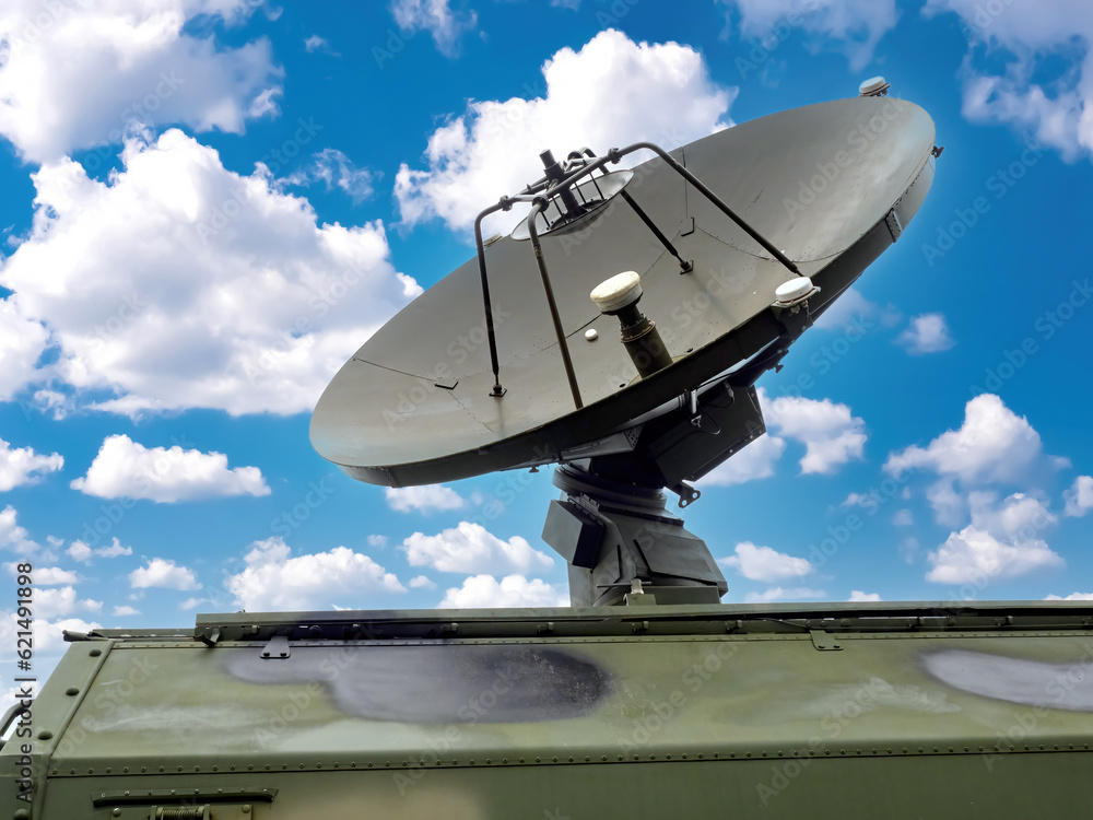 Military satellite dish. Locator for military intelligence. Equipment ...