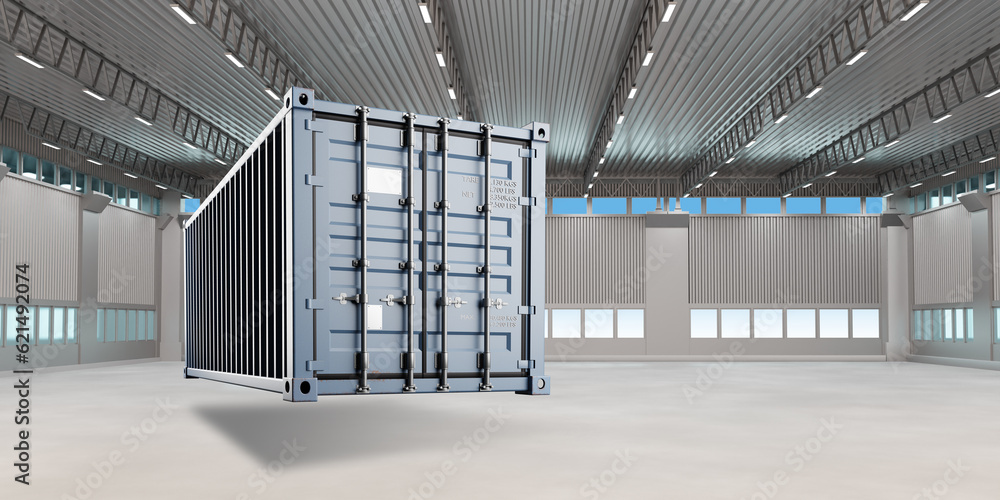 Cargo container. Transport metal box floats in air. Empty warehouse ...